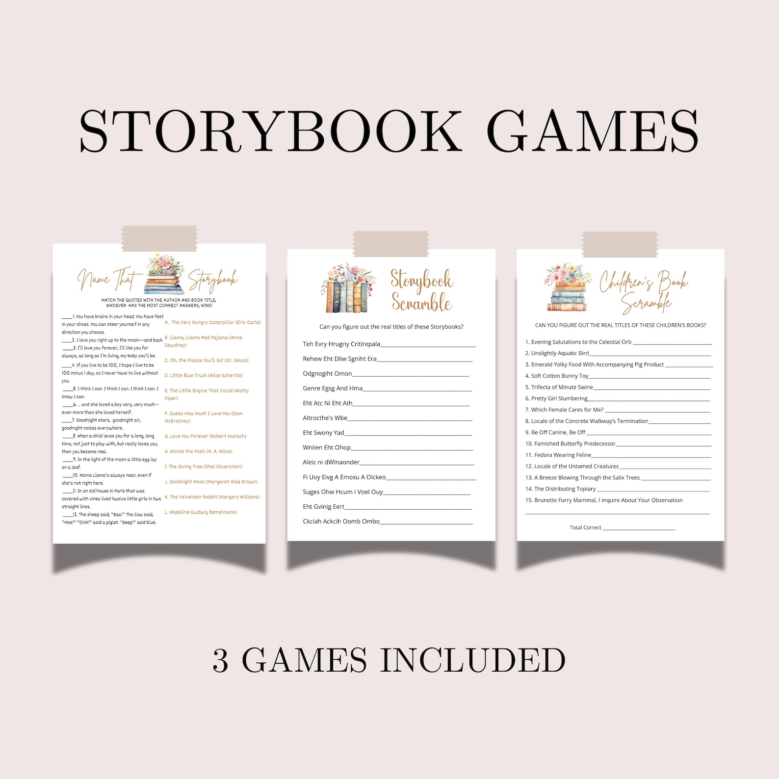 Storybook Baby Shower Games: Scramble & Quiz (printable PDF) - Etsy