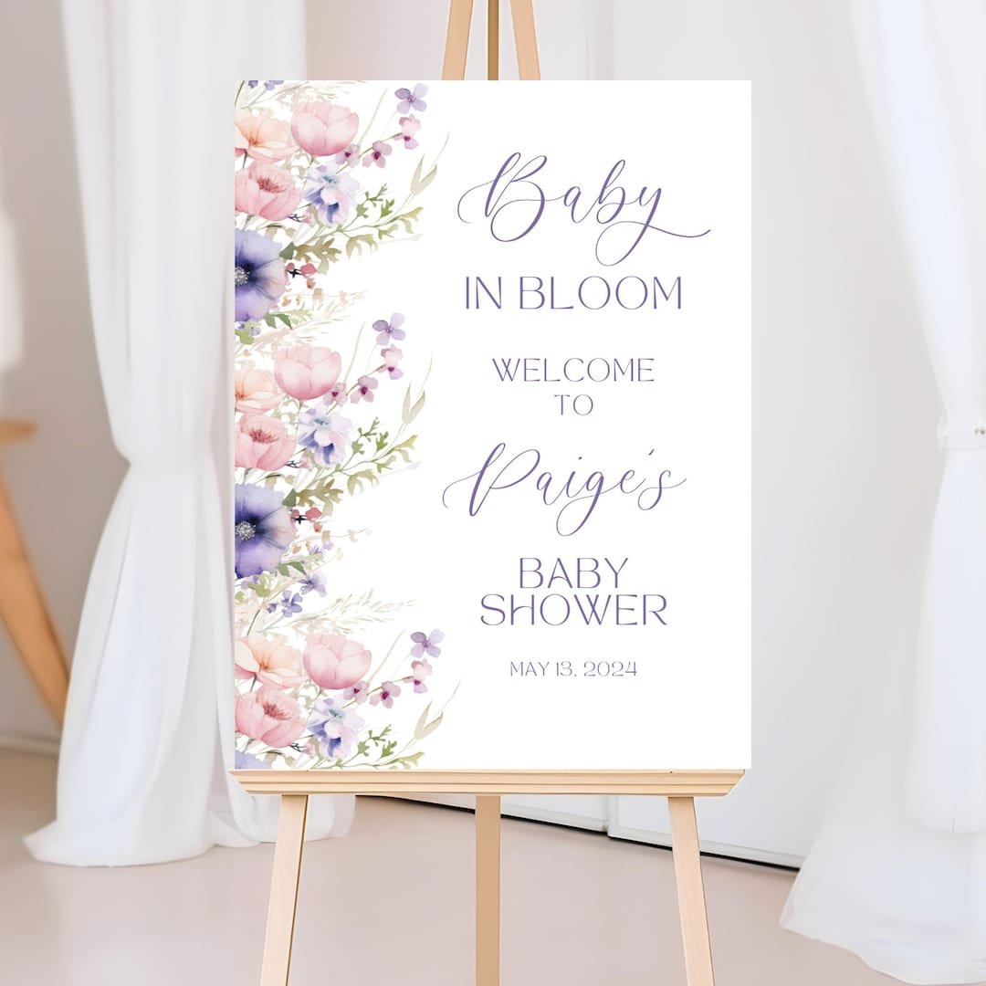 Baby in Bloom Welcome Sign, Purple Floral Dreamy Meadow Welcome Sign ...