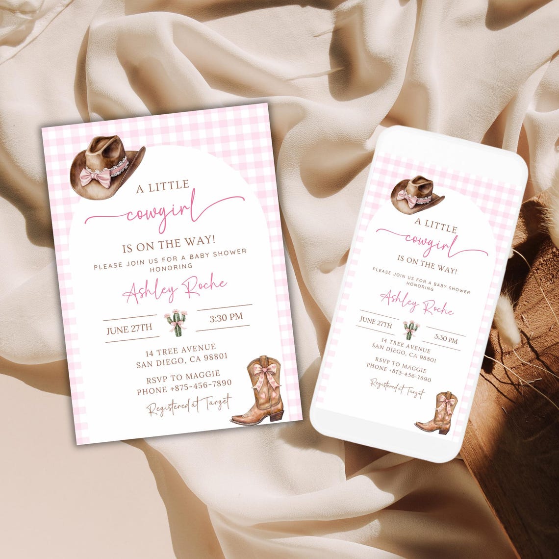 Editable Pink Cowgirl Baby Shower Invitation: Pink Gingham Canva ...