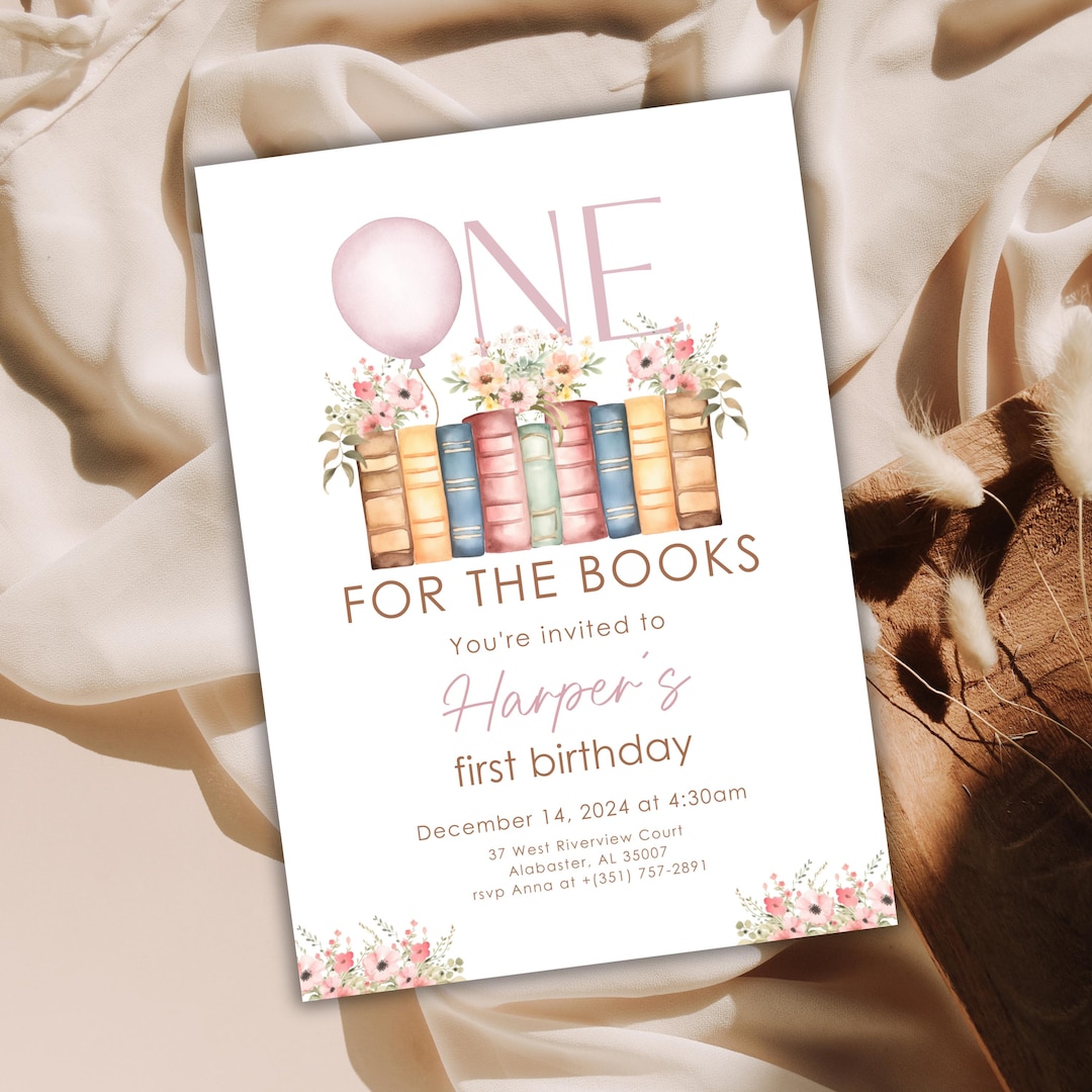 One for the Books, Pink Book First Birthday Invitation, Book Themed ...
