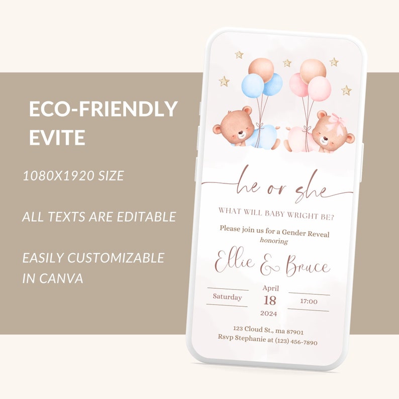 Teddy Bear Gender Reveal Evite, Pink and Blue Text Message Card (canva ...