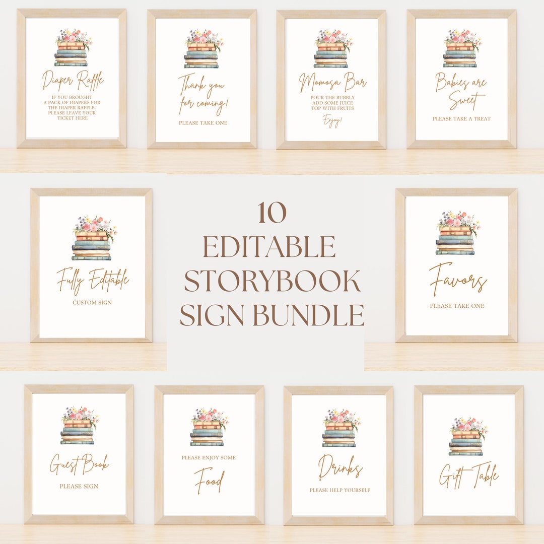 Storybook Sign Bundle Printable, Library Baby Party Signs, Floral Book ...