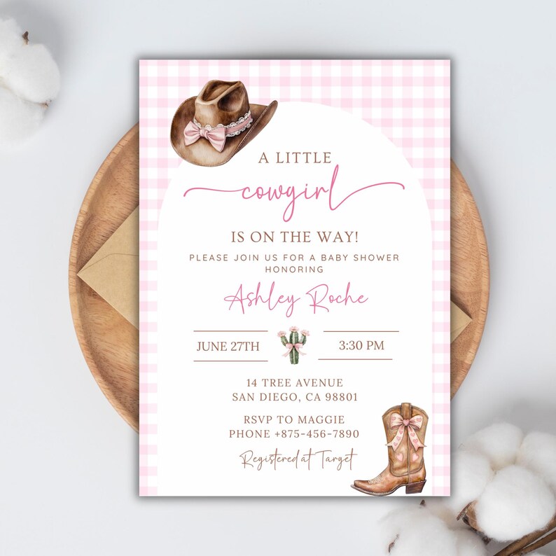 Editable Pink Cowgirl Baby Shower Invitation: Pink Gingham Canva ...
