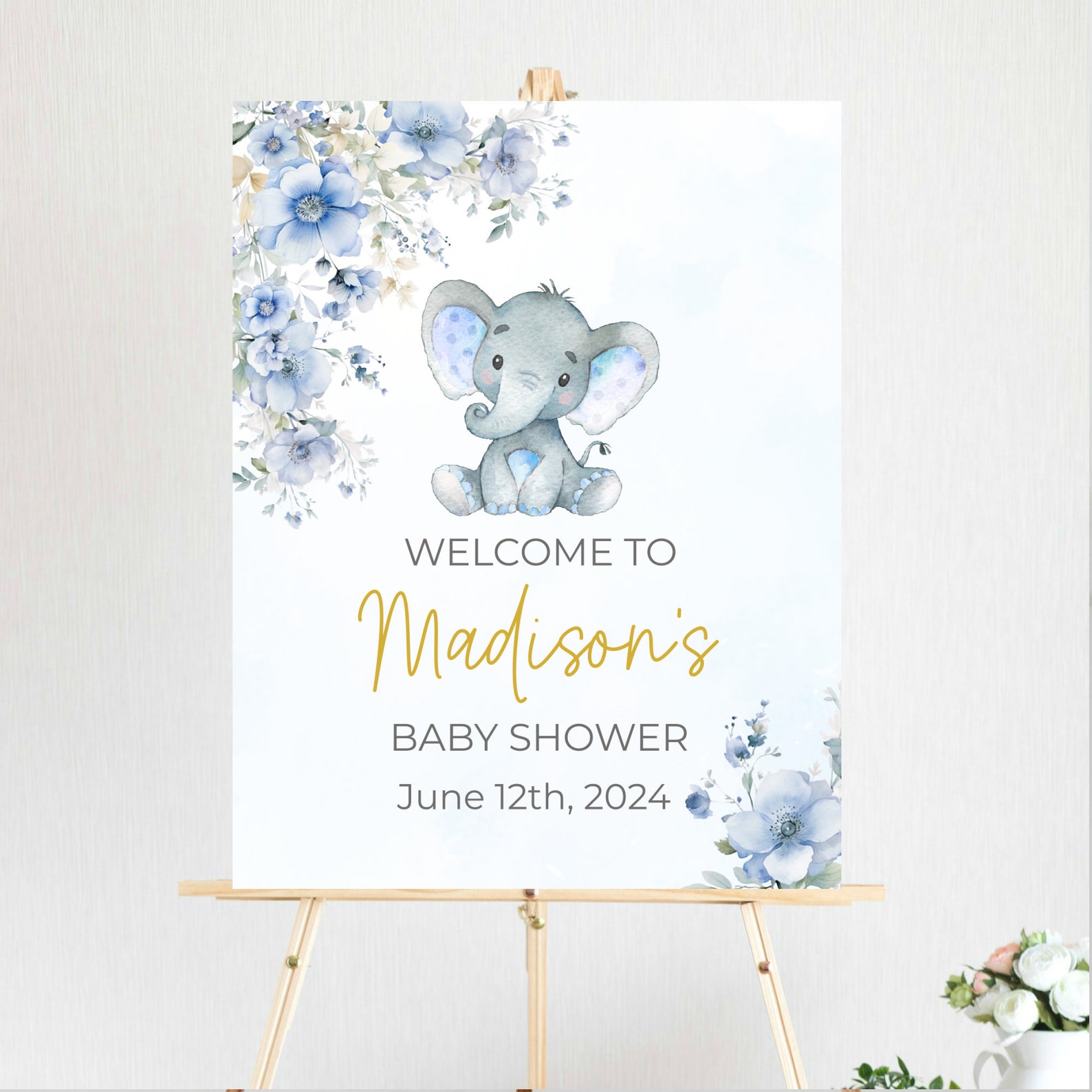 Blue Elephant Baby Shower Welcome Sign: Personalized Printable (digital ...