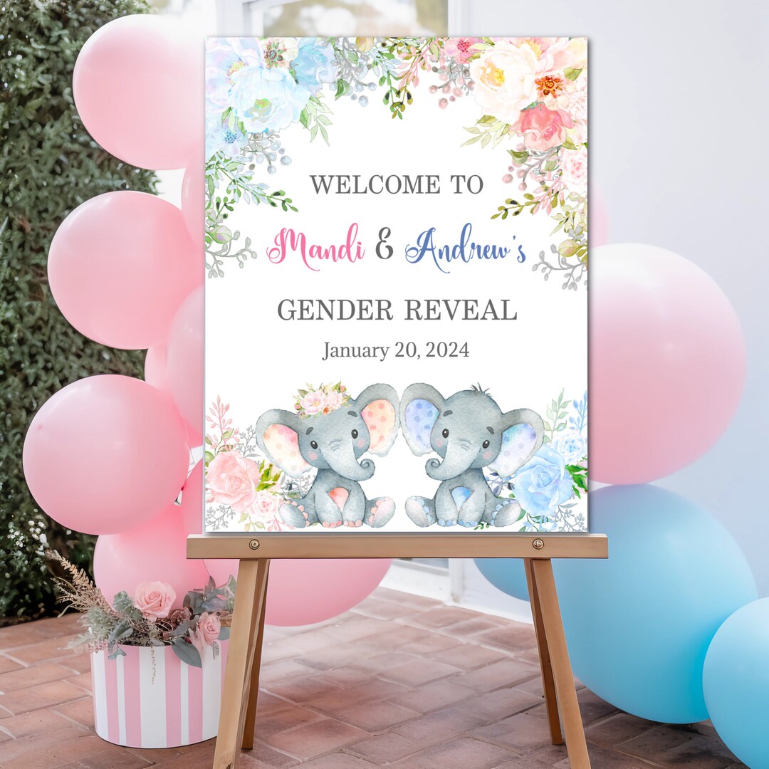 Elephant Gender Reveal Welcome Sign: Pink & Blue Floral (digital) - Etsy