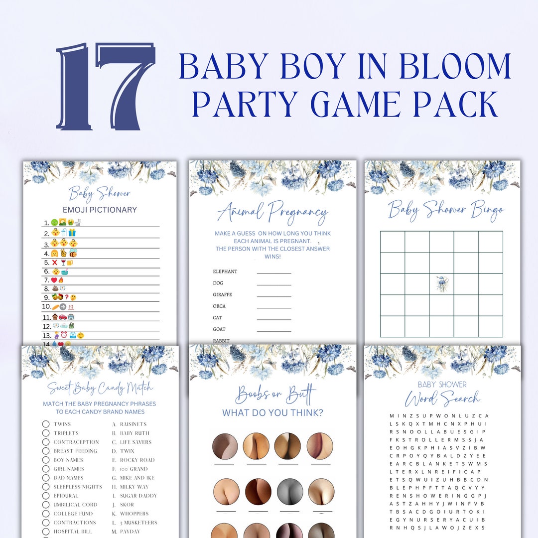 Baby in Bloom Blue Shower Game Bundle, Blue Wildflower Baby Shower ...