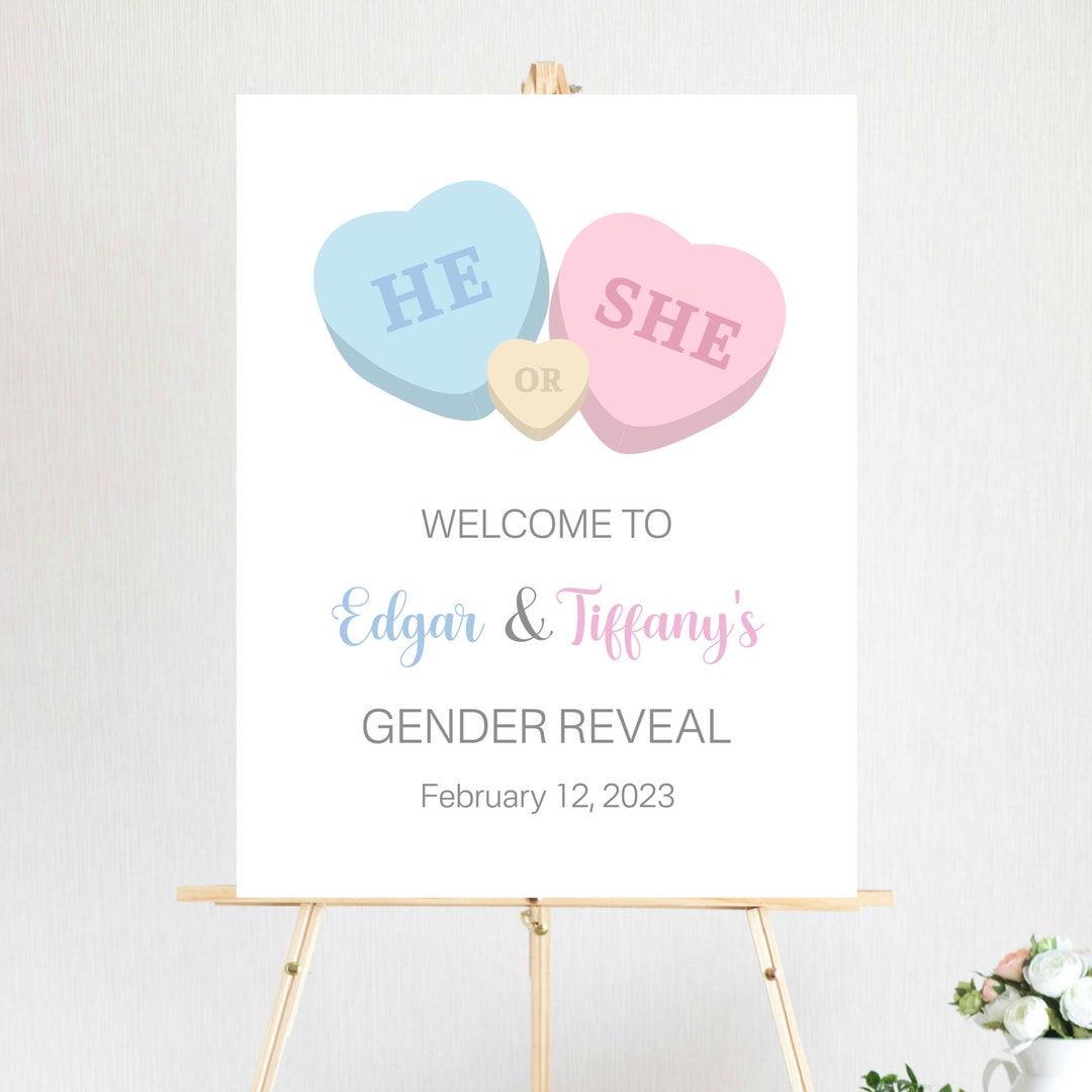 Gender Reveal Sign Valentine Pastel Hearts, Printable Custom Gender ...