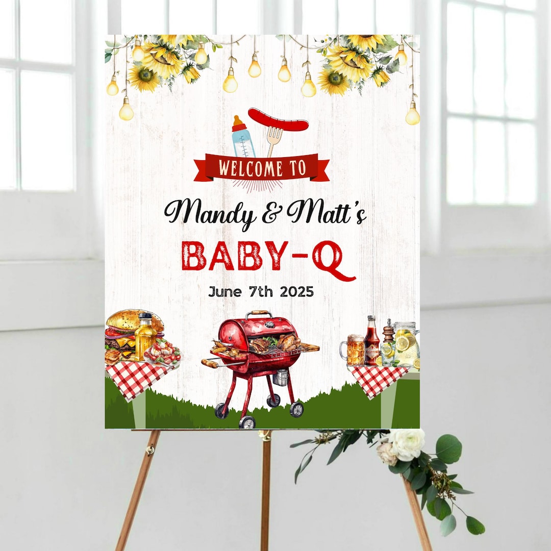 Baby-q Welcome Sign Printable, Baby-q Plaid Red Backyard Couples Baby ...