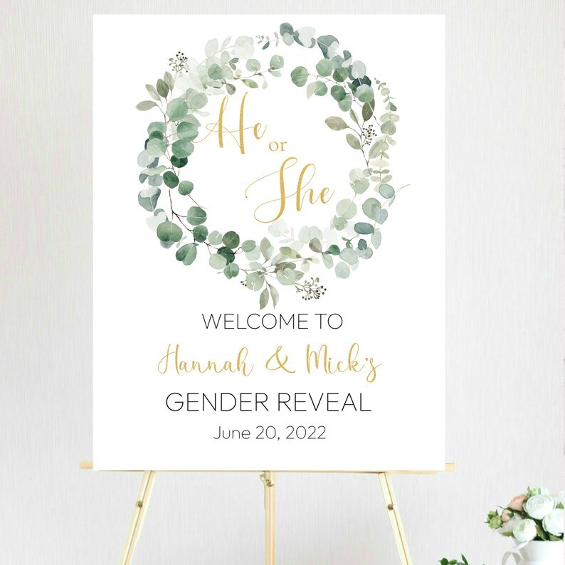 Printable Greenery Gold Gender Reveal Welcome Sign He or She - Etsy