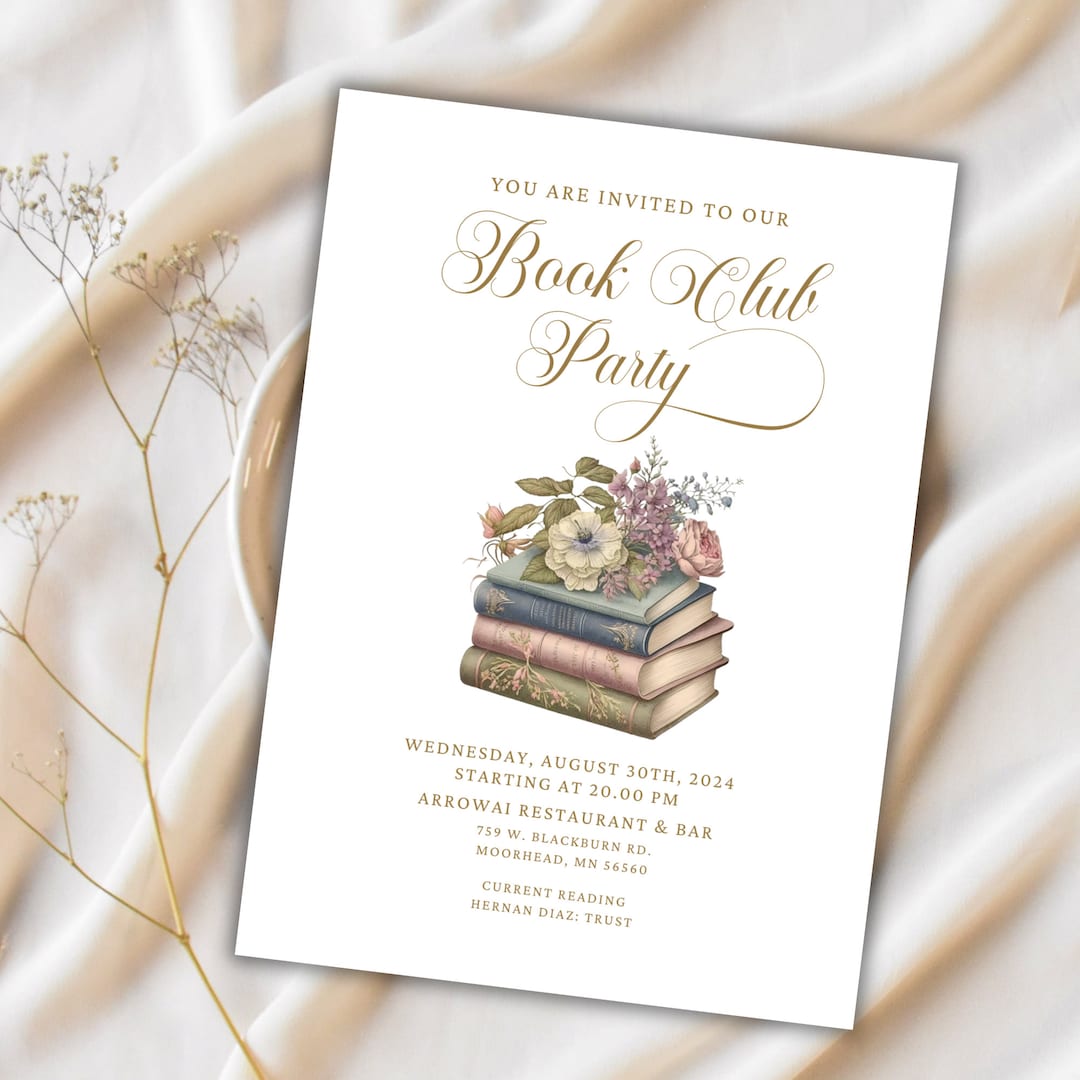 Book Club Invitation, Stack of Books Themed Party, Library Theme Party ...