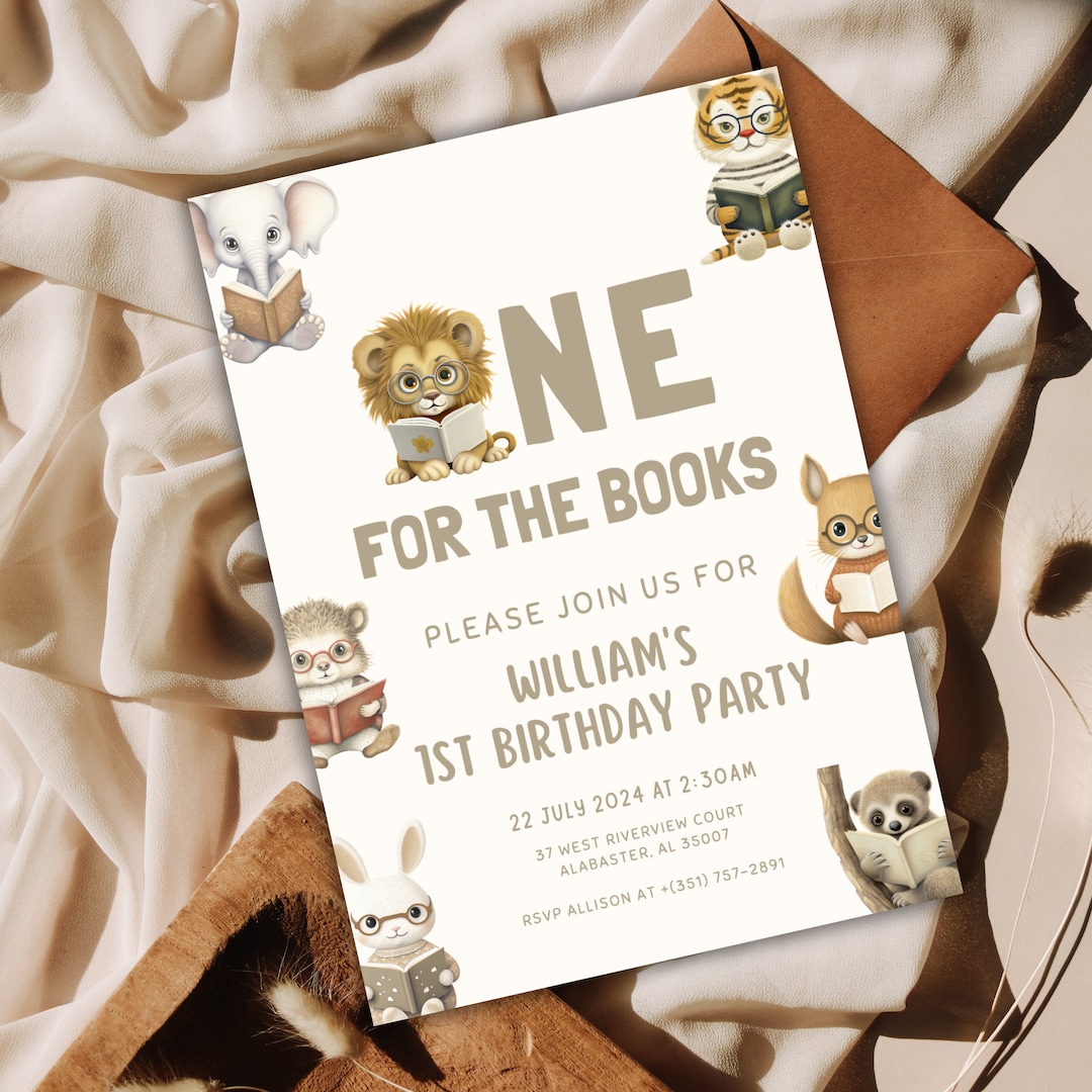 One for the Books, Book Birthday Invitation, Reading Animal Themed ...