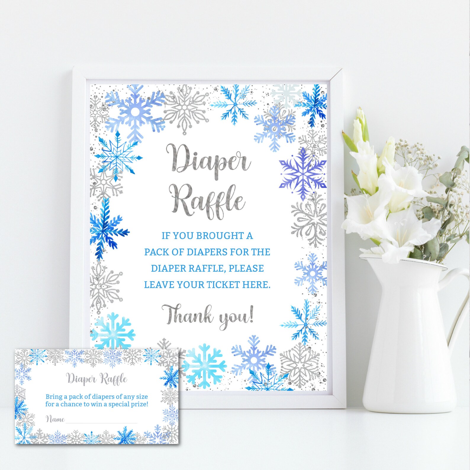 Winter Snowflake Diaper Raffle Sign Printable, Winter Diaper Raffle Tickets Baby Shower, Diaper ...