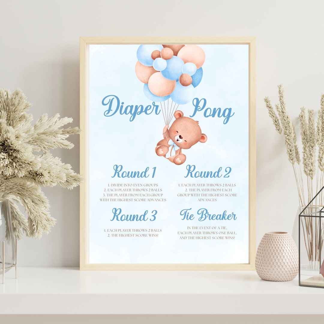 Diaper Pong Game Rules Blue Teddy Bear Baby Shower Sign, Printable, Boy ...