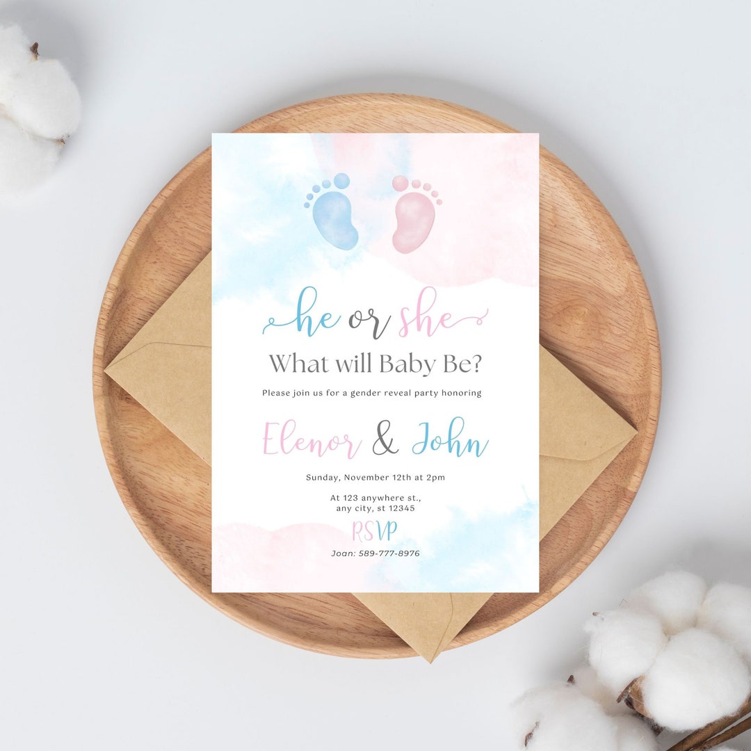 Footprint Gender Reveal Invitation, Footprint Boy or Girl He or She ...