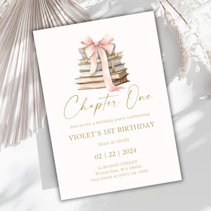Storybook Birthday Invitation - Pink Bow Chapter One Book Themed ...