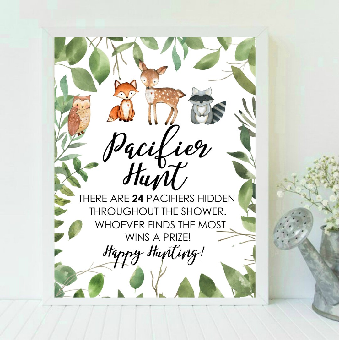 Pacifier Hunt Game, Woodland Pacifier Hunt Game, Printable Baby Shower ...