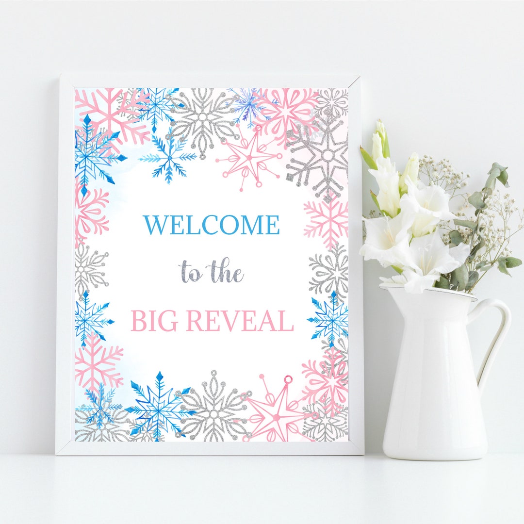 Welcome to the Big Reveal Sign, Blue or Pink Snowflake Gender Reveal ...