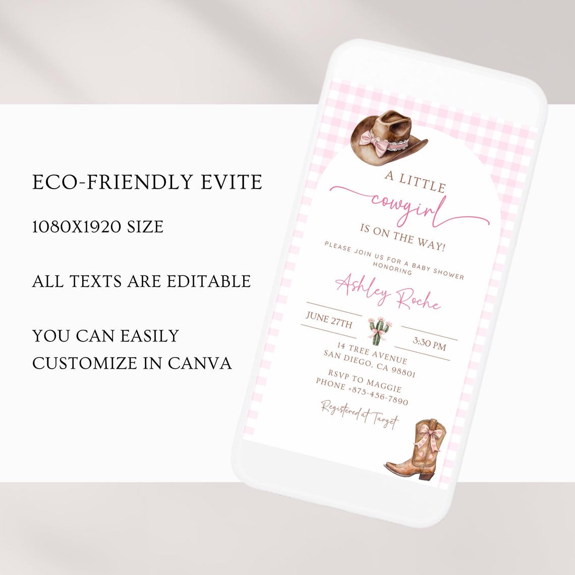 Editable Pink Cowgirl Baby Shower Invitation: Pink Gingham Canva ...