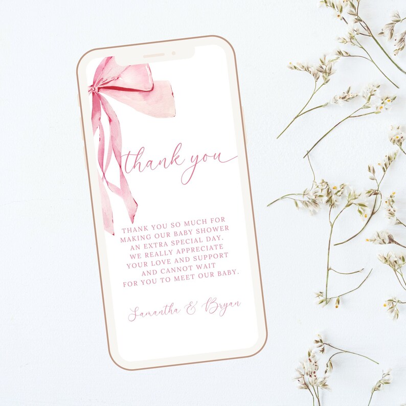 Dusty Pink Bow Baby Shower Thank You Card: Electronic Template (canva ...
