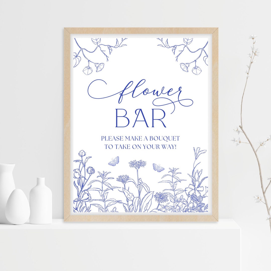 Flower Bar Sign, Light Blue Toile, Bouquet Bar Sign, Garden Flower ...