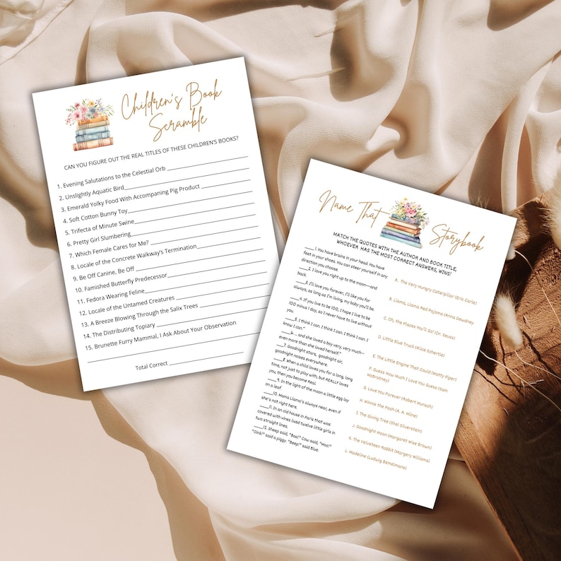 Floral Storybook Baby Shower Games: Book Scramble, Name That Book ...