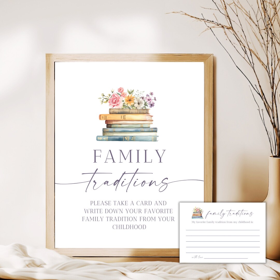 Family Traditions Sign and Card, Storybook Library Themed Baby Shower ...