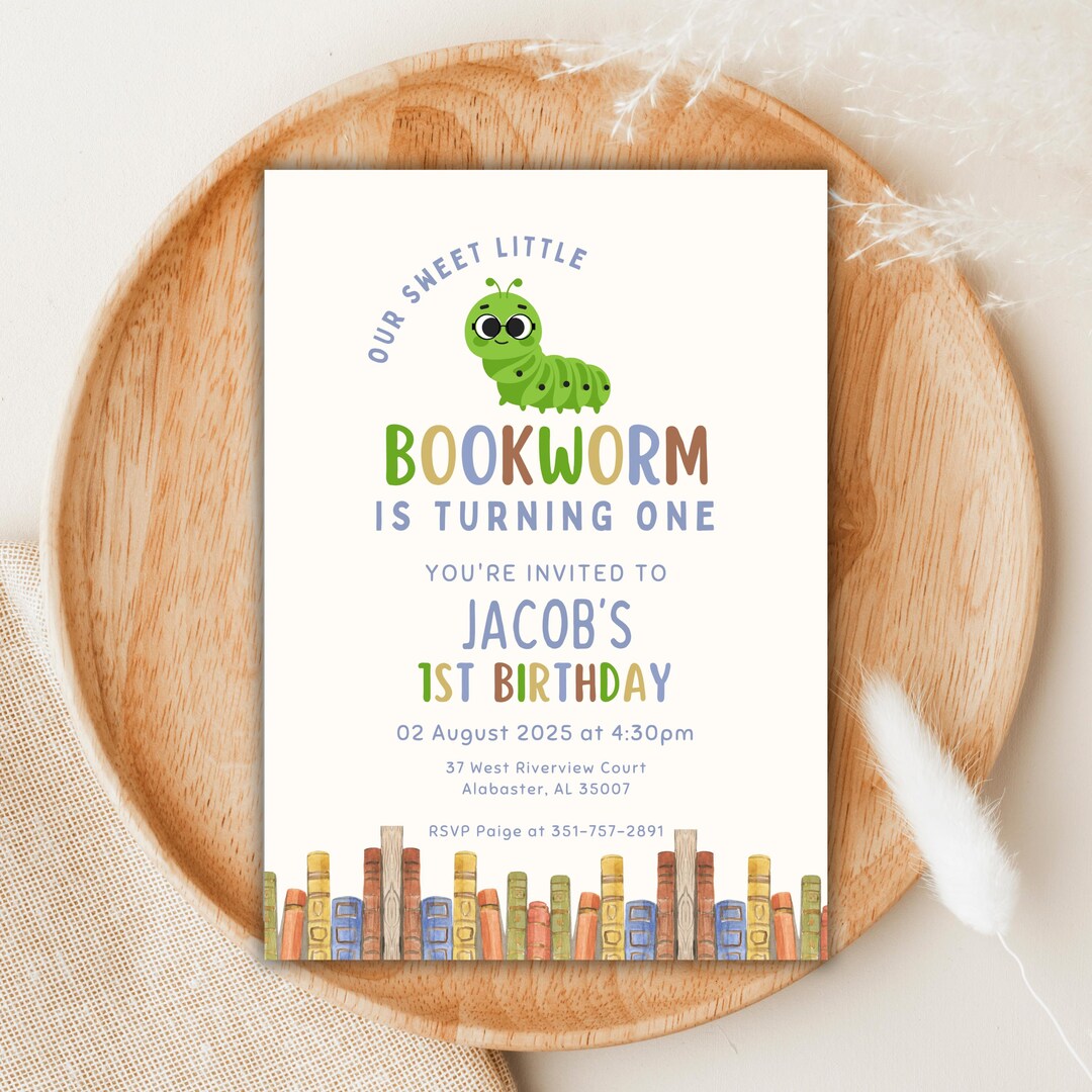 Boy's Bookworm Birthday Invitation: Library Theme, Editable Template ...