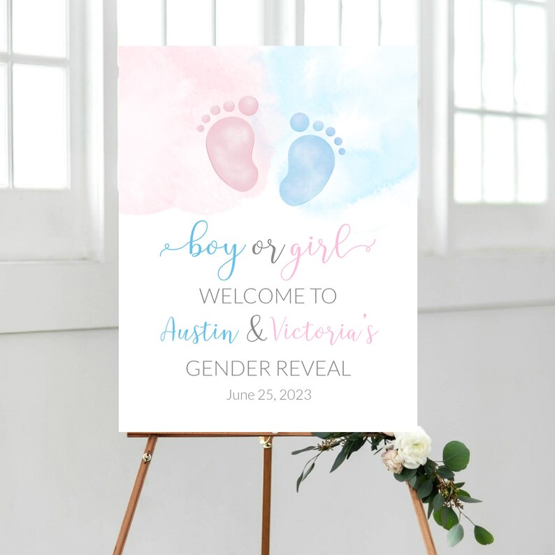 Footprint Gender Reveal Welcome Sign: Blue & Pink (printable) - Etsy