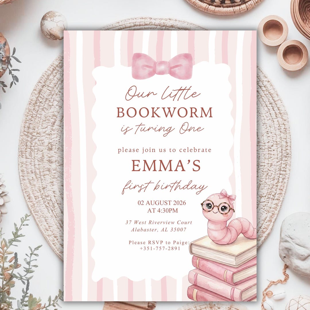 Girl's Bookworm Birthday Invitation: Library Theme, Editable Template ...
