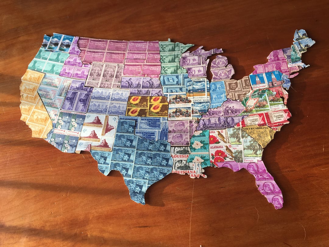 Stamp Art Map Puzzle Handmade Wooden Map of the USA Embellished With ...