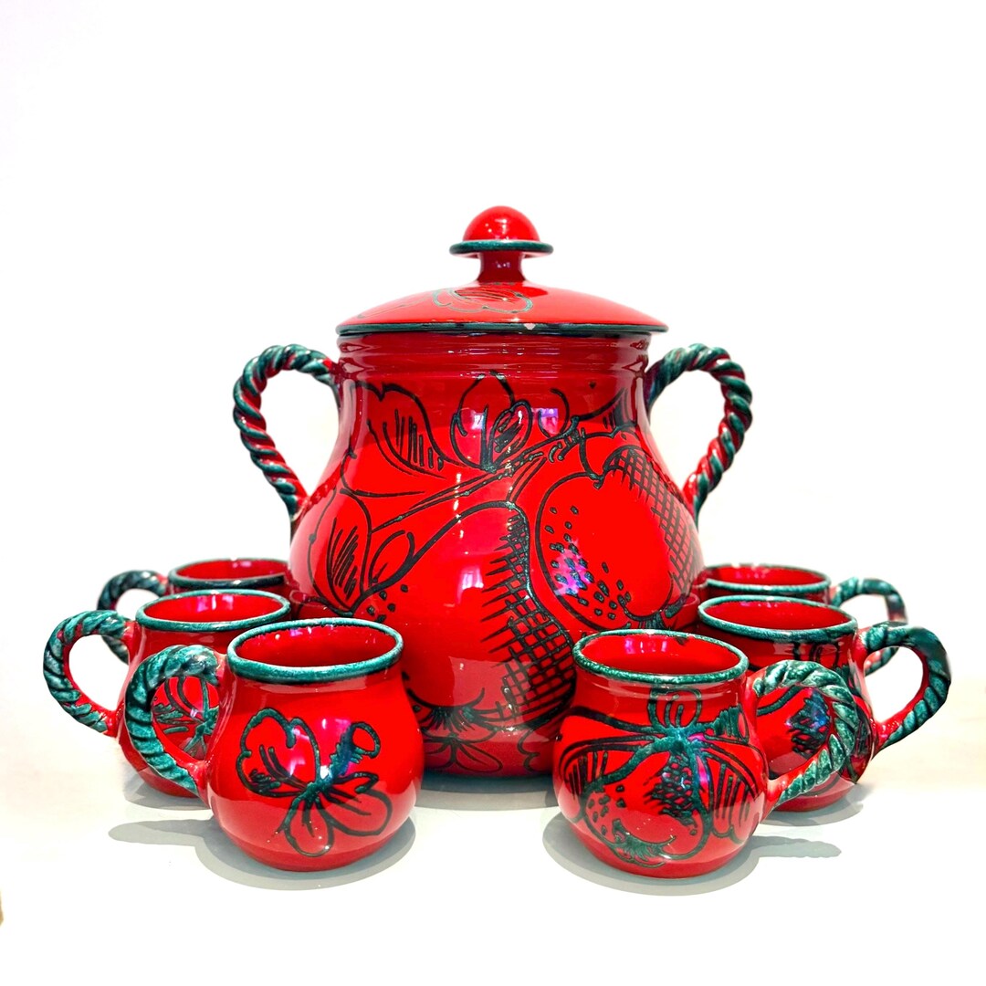 Vintage Miriam Italy Ceramic Punch Set: Red Jug & 6 Mugs, Retro ...