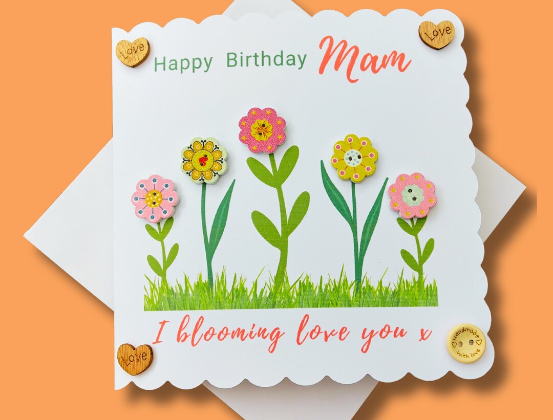 Unique Happy Birthday Card for Mam Personalised With Flower Buttons and ...