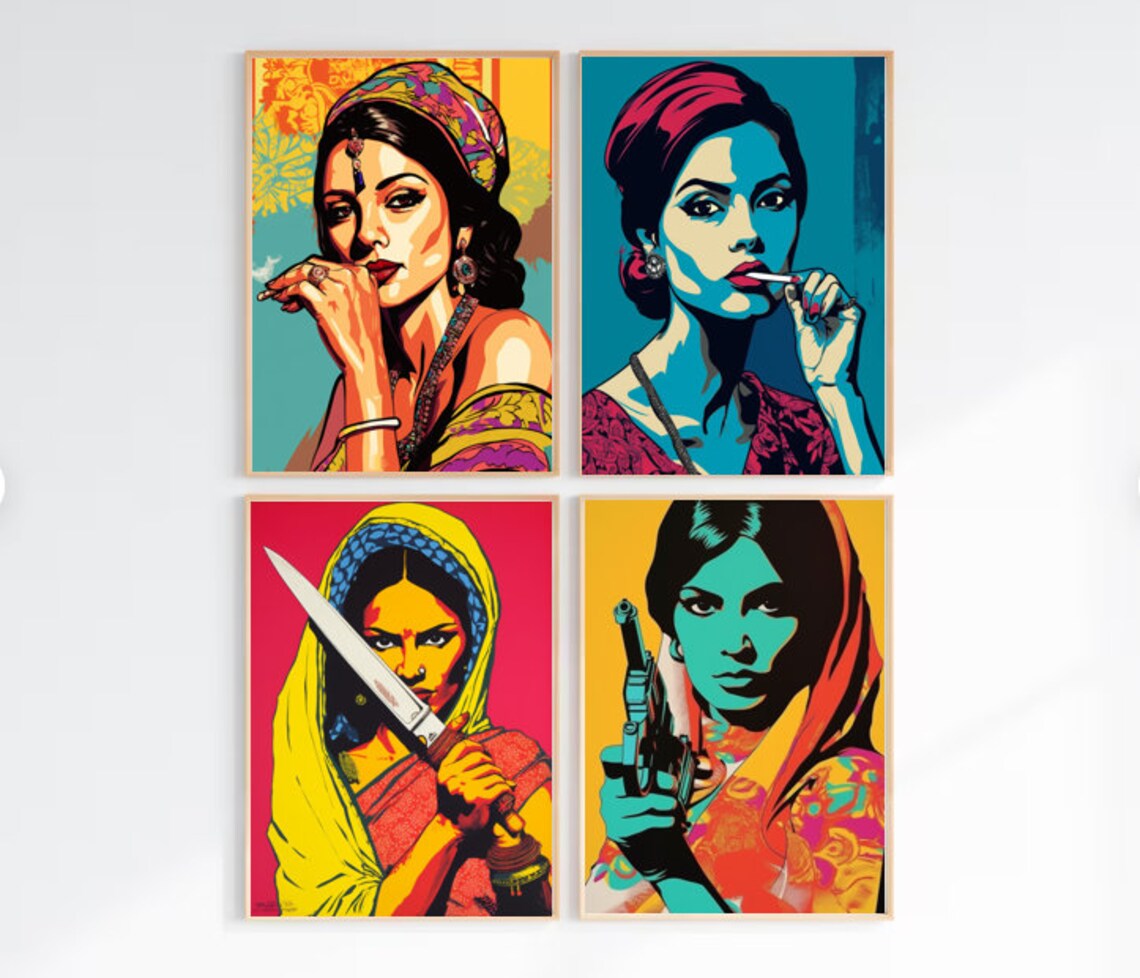 Indian Women Retro Pop Art Set of 6, Printable Wall Art, Minimalist ...