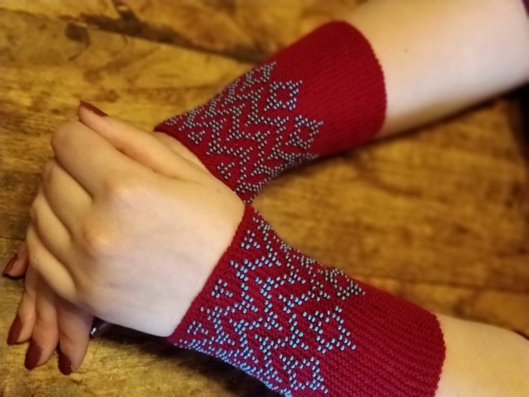Dark Red Wool Wrist Warmers, Hand Knitted and Beaded Wrist Warmers ...