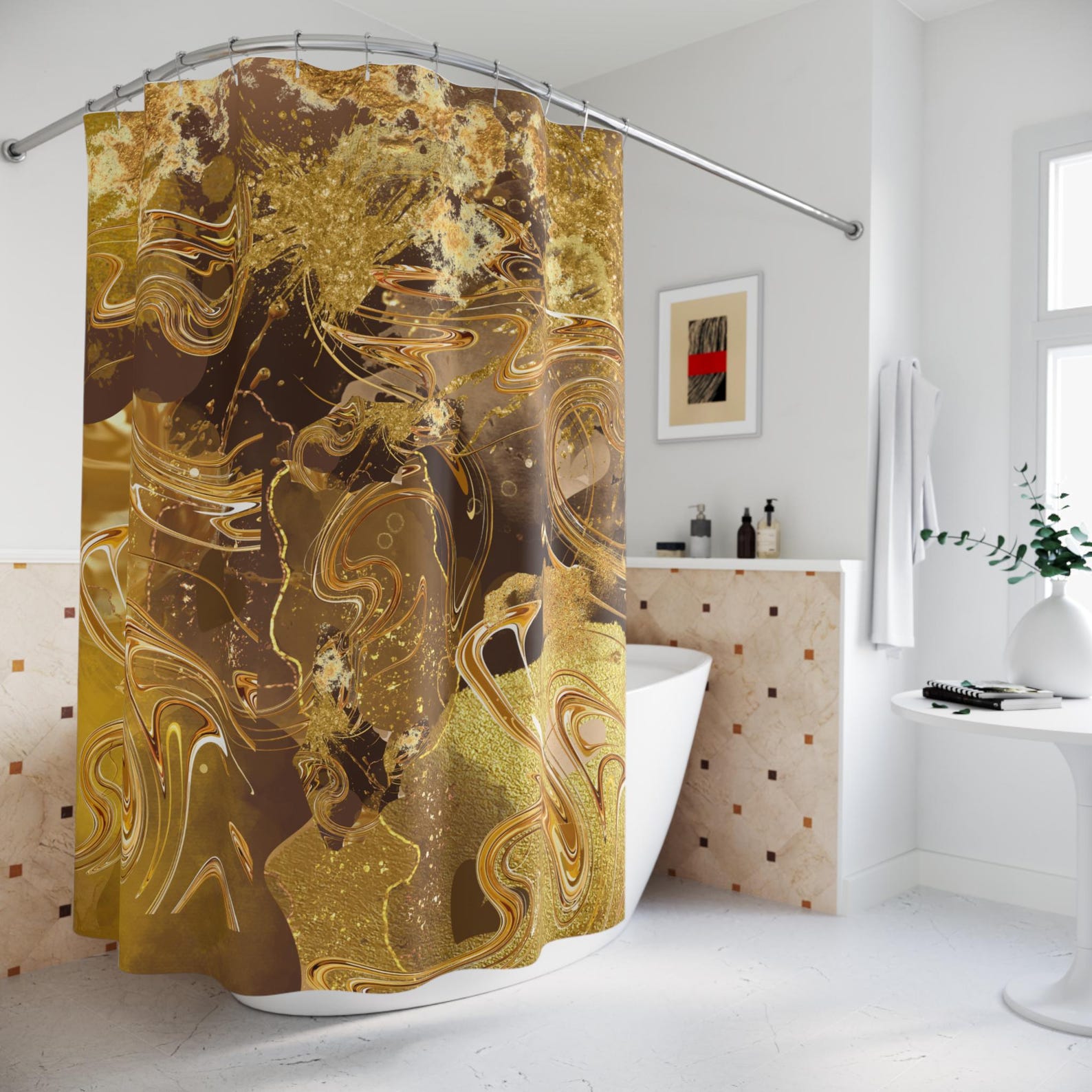 Brown and Gold Shower Curtain for Warm Bathroom Decor, Chocolate Brown ...