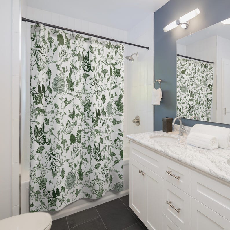 Green Toile Shower Curtain Green Bathroom Decor Cottagecore Shower ...