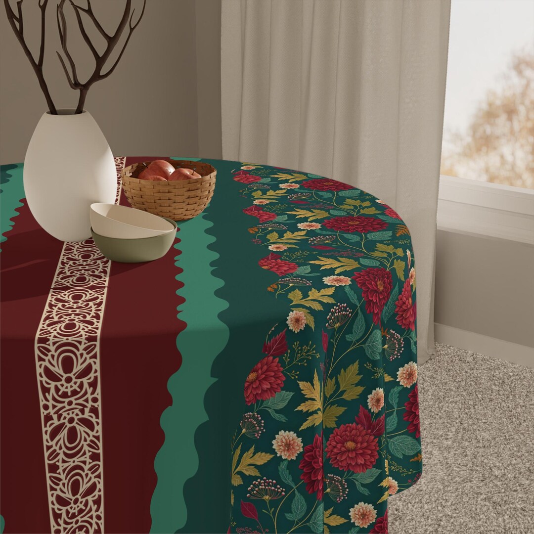 Cottage Core Tablecloth: Burgundy Flower Print Green Floral Decor ...