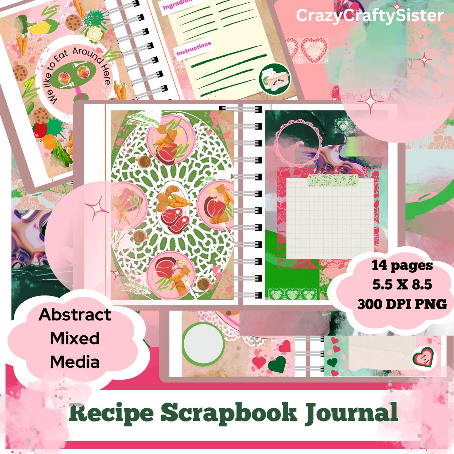 Family Recipe Scrapbook Paper, Recipe Junk Journal, Vegetable Prints ...