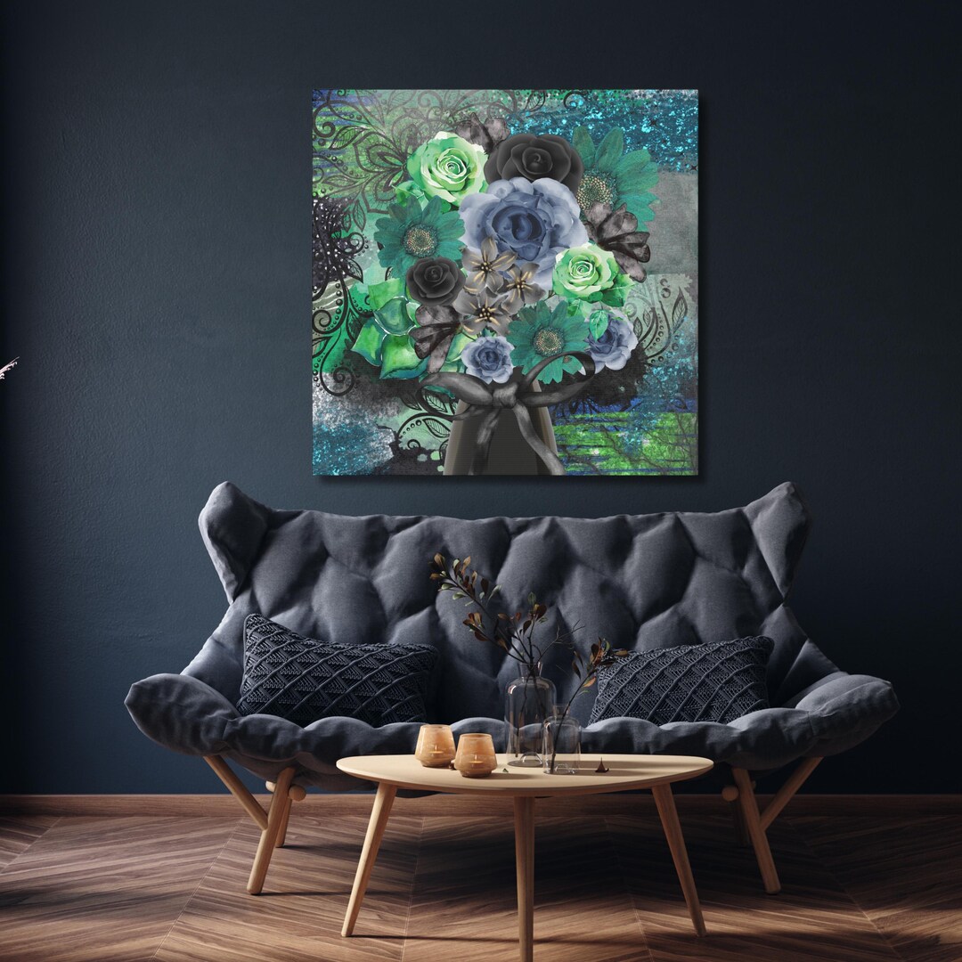 Green and Blue Dark Feminine Aesthetic Floral Wall Art Blue Moody Wall Art With Flowers Moody ...