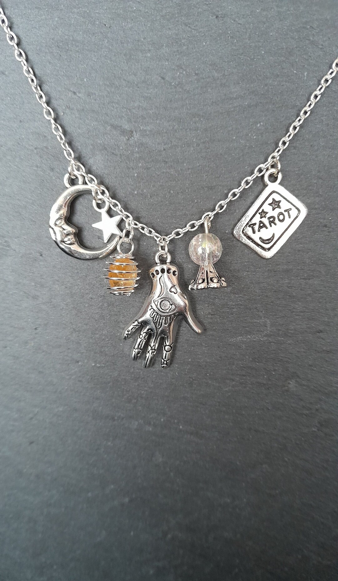 Divination Charm Necklace Tarot Card, Gemstone, Silver Plated, 32 Inch ...