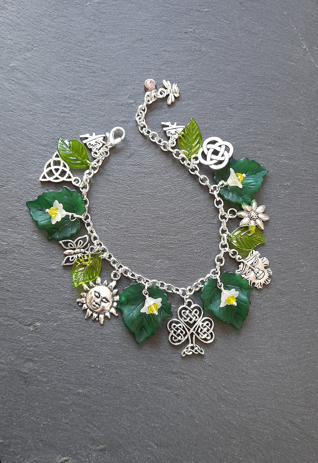 Beltane Charm Bracelet Silver Plated, Hawthorn, Celtic Wheel May Day - Etsy