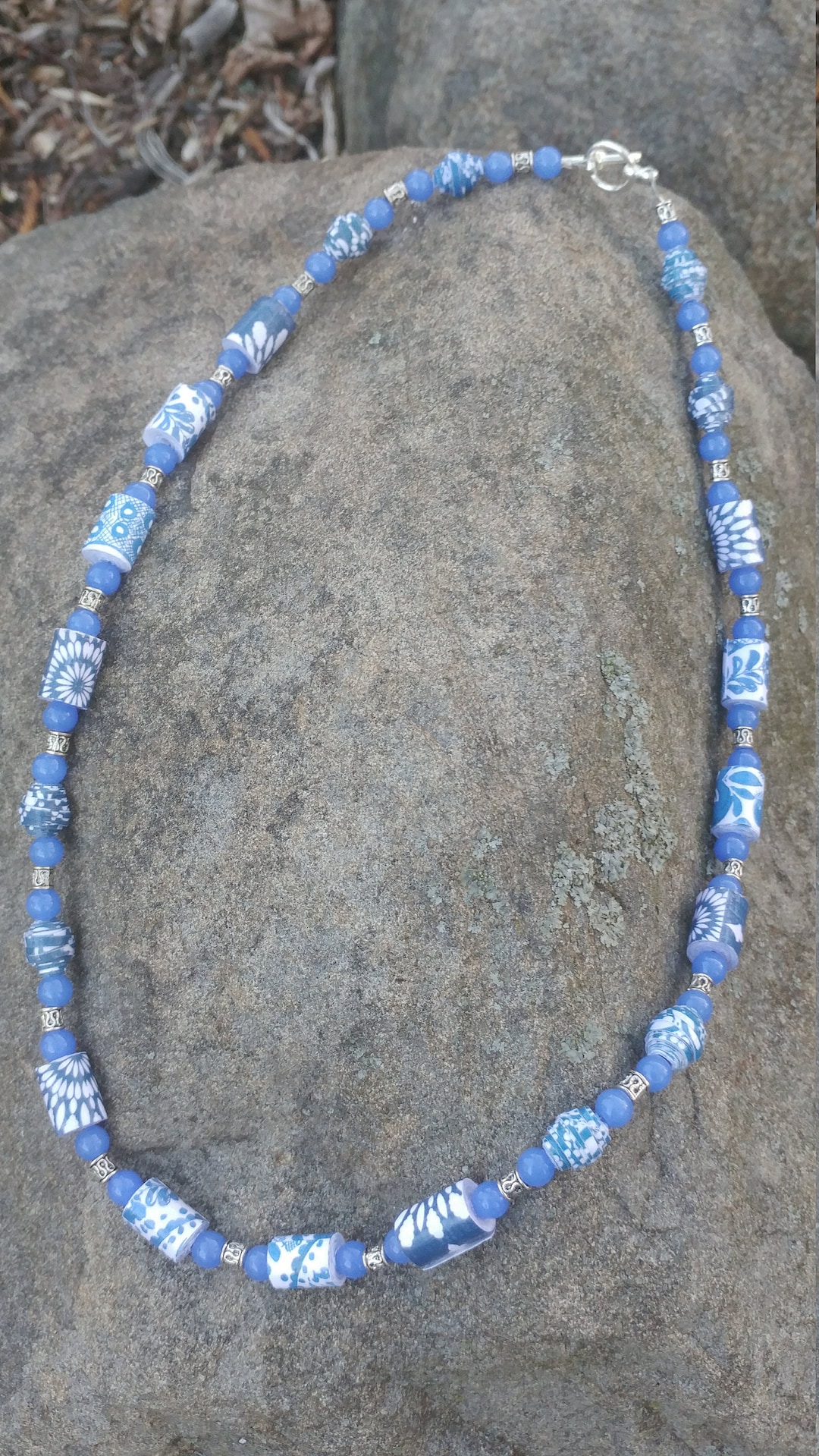 Blue and White Paper Bead Necklace - Etsy
