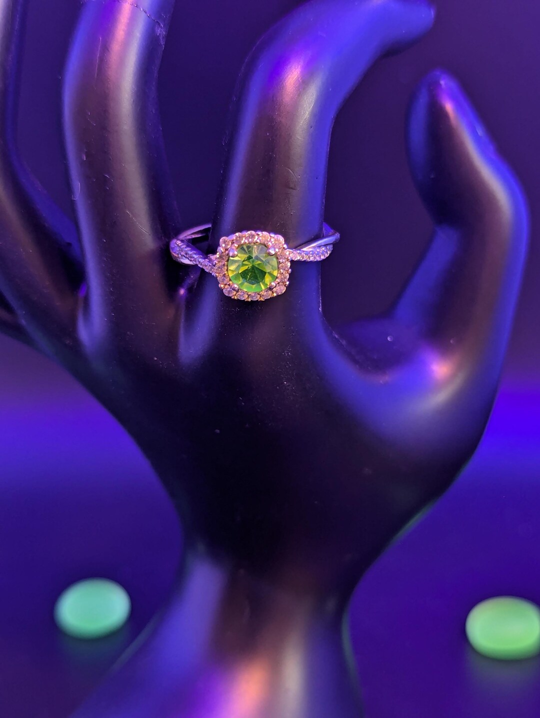 Upcycled Uranium Glass Ring 925 Sterling Silver Size 9 CZ Halo Gold ...