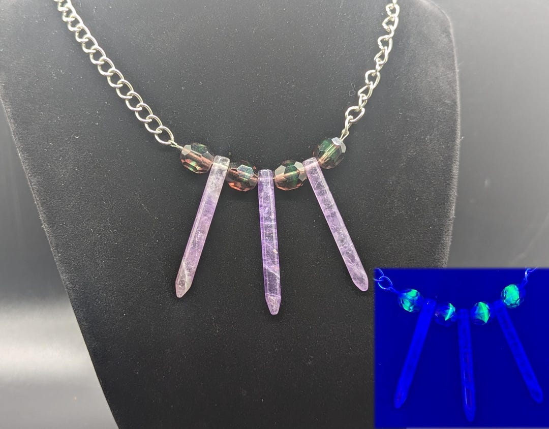 Uranium Glass & Amethyst Necklace: Handmade UV Glowing Crystal Jewelry ...