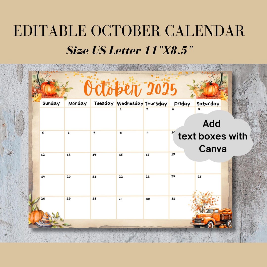 October 2025 Calendar: Pumpkin Theme, Editable Canva Template (PDF ...