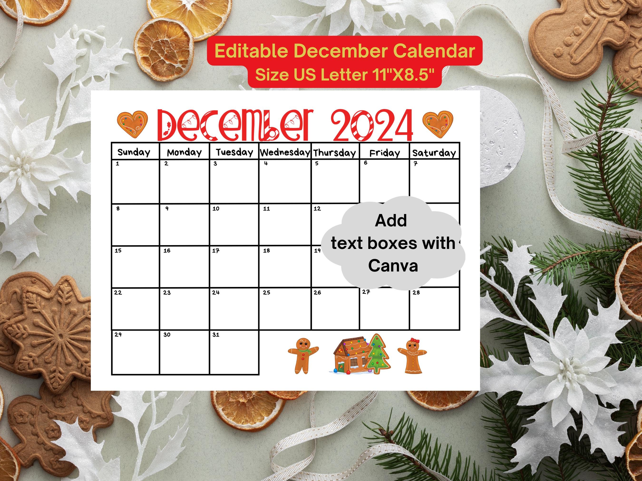 EDITABLE December Calendar 2024, Christmas Themed Calendar, Gingerbread ...