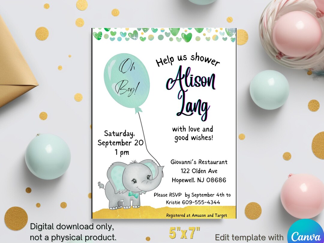 Elephant Baby Shower Invitation Set: Customizable Template (digital ...
