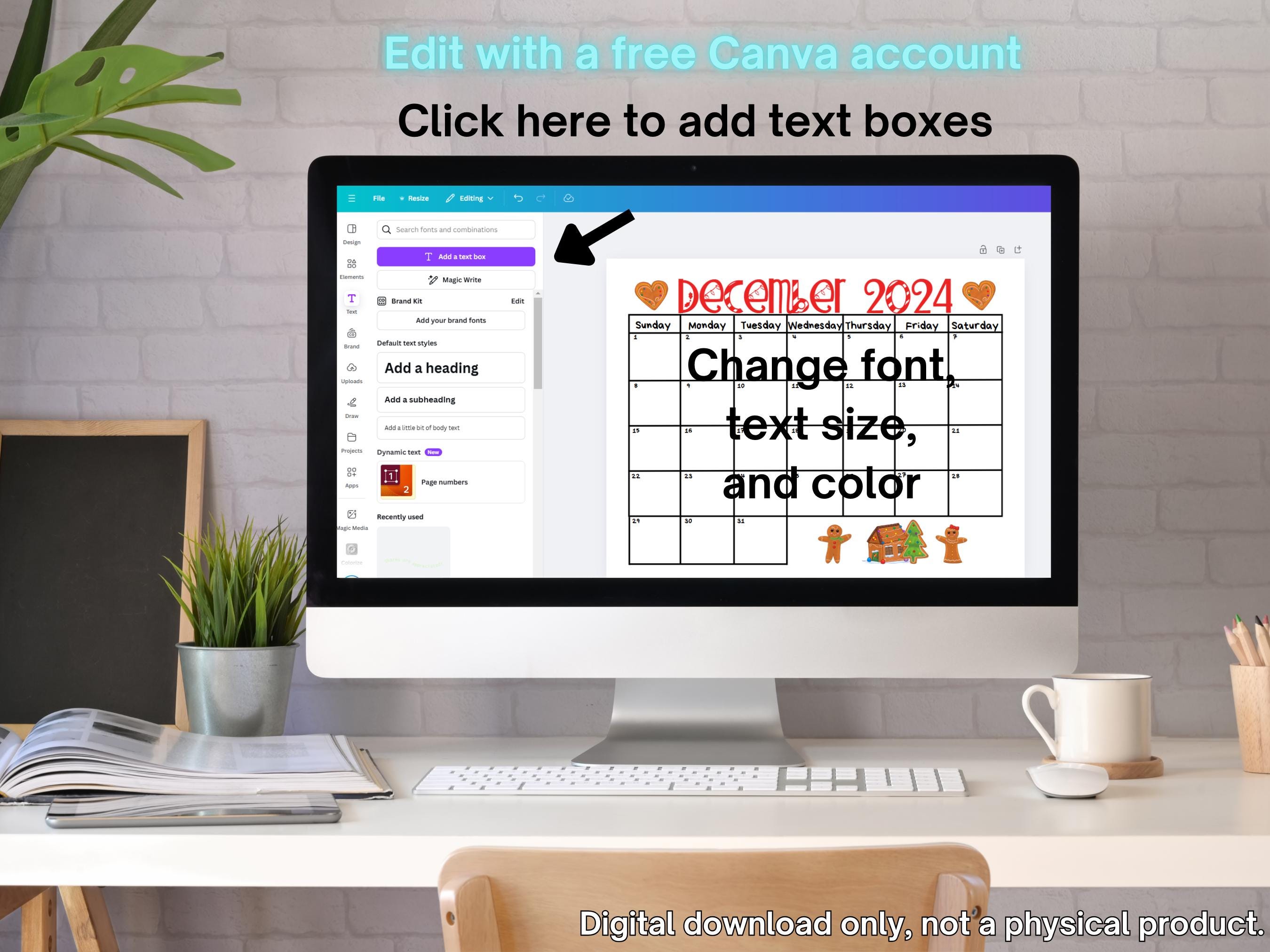EDITABLE December Calendar 2024, Christmas Themed Calendar, Gingerbread ...