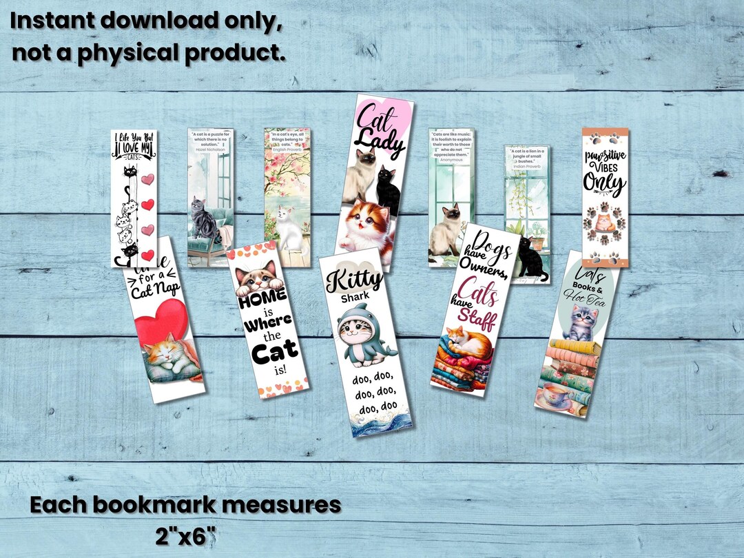 Cat Bookmarks Printable Set, Instant Download, Cat Quote Bookmarks ...