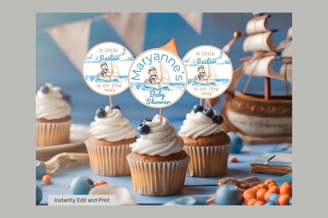 Nautical Baby Shower Cupcake Toppers: Little Sailor Theme (canva ...